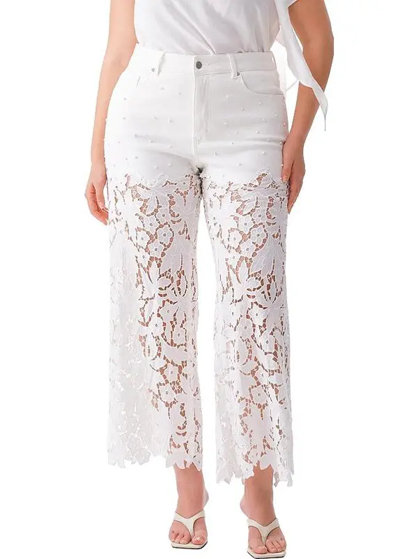 BAYEAS Plus Embroidery Wide Leg Lace Denim Jeans With Pearl - Snowfeather