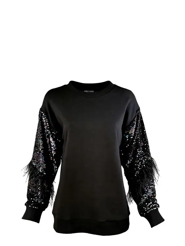 LALIPOP DESIGN Shimmering Sequin Sleeve Sweatshirt With Faux Feathers - Black