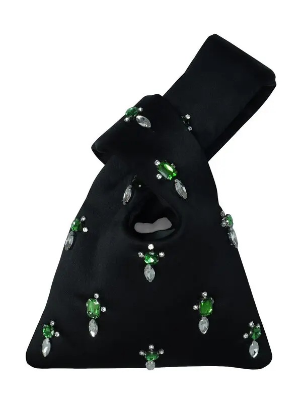 2KSTYLE Emerald Crystal Hand-embellished Satin Effect Mini Pouch - Black