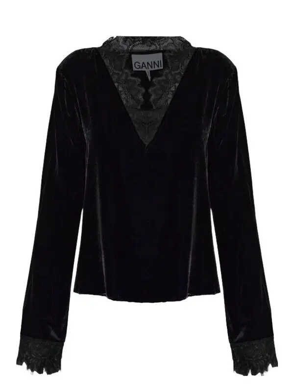 GANNI Lace-trimmed Velvet Top - Black