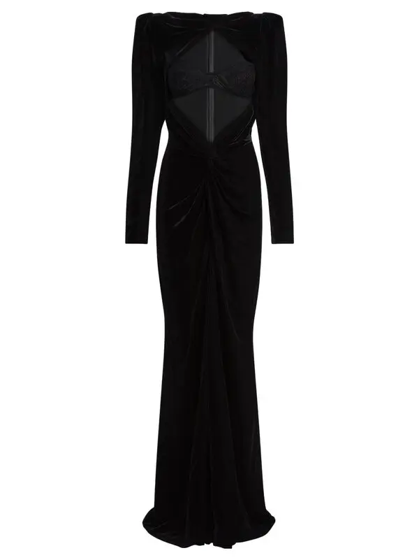 Balmain Long Velvet And Lace Dress - Black