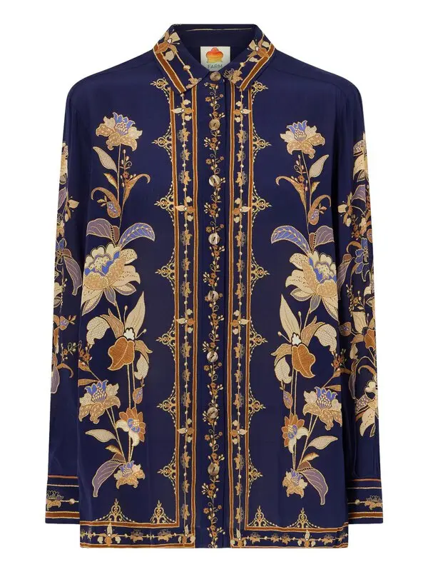 Farm Rio Liz Printed Crepe De Chine Shirt - Blue