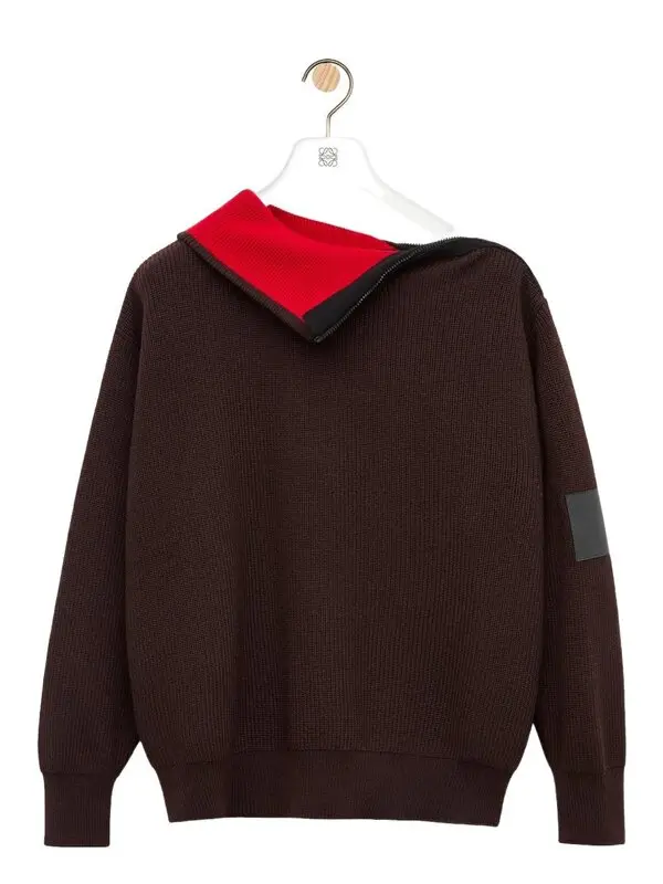 Loewe Zip-neck Patch Knitted Sweater - Brown
