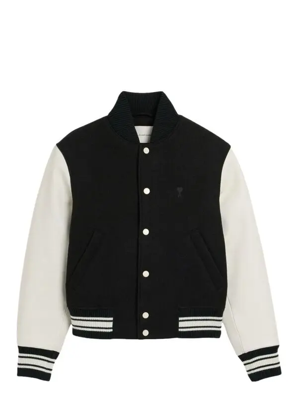 AMI Paris Wool And Leather Padded Teddy Jacket With Embroidery - Black