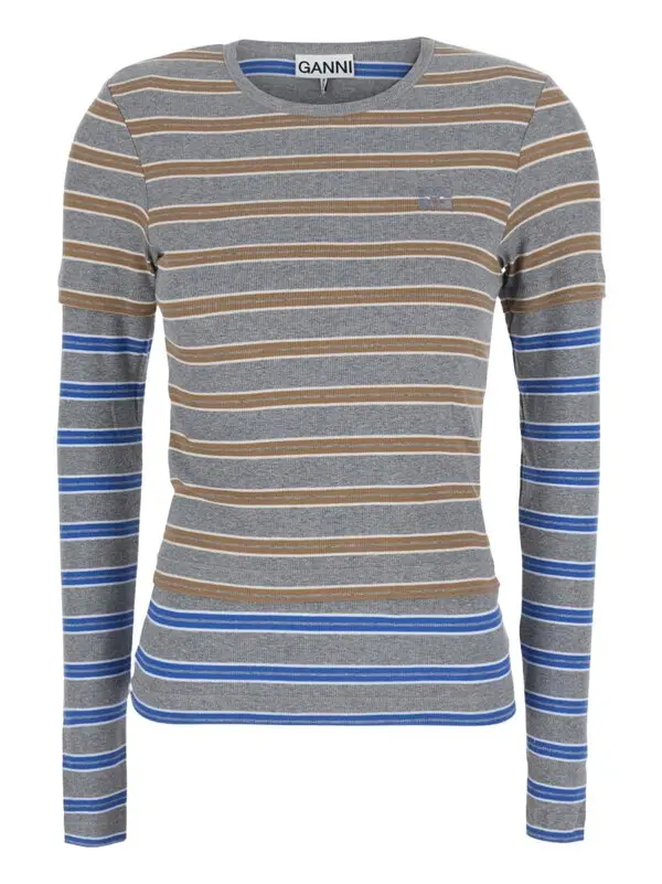 GANNI Long-sleeve Top In Double Stripe - Gray