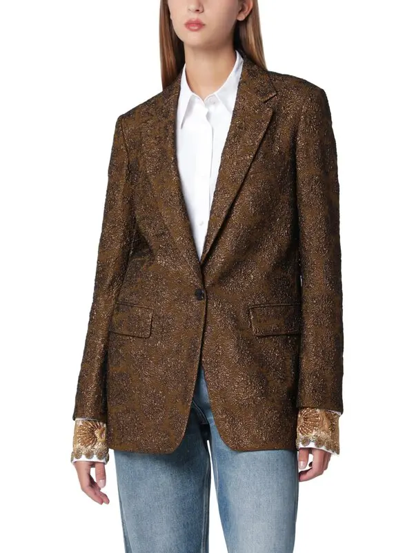 Dries Van Noten Khaki Single-breasted Jacket With Floral Jacquard Pattern - Green
