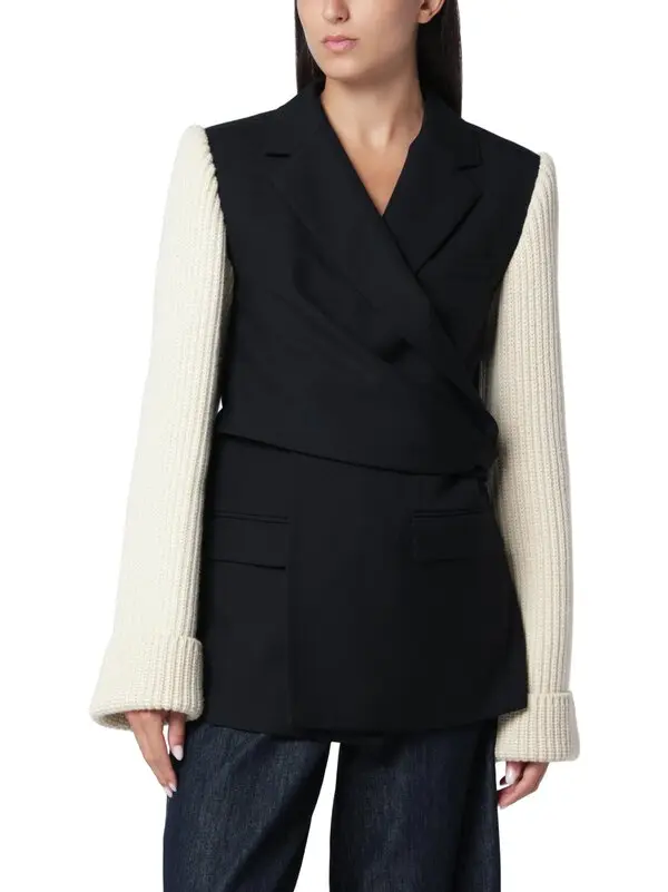 Dries Van Noten White Jacket With Ribbed Knit Sleeves - Black