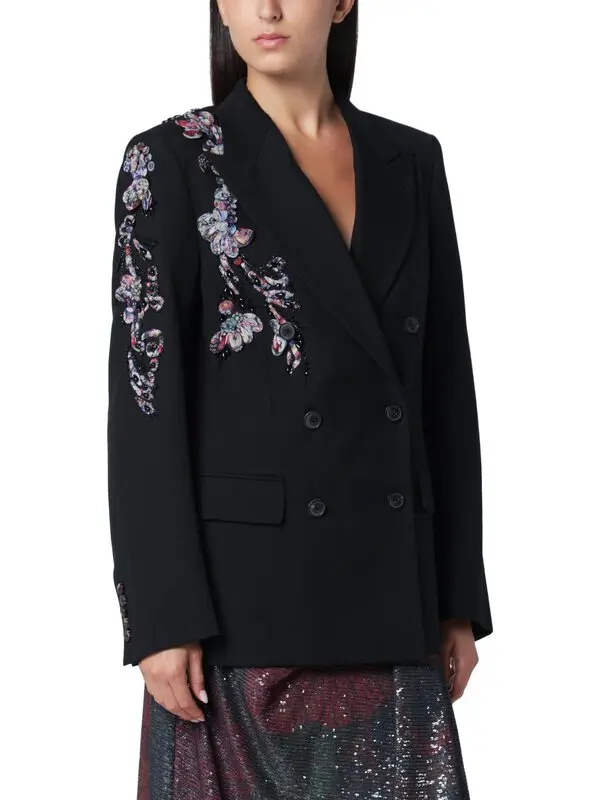 Dries Van Noten Double-breasted Jacket With Floral Sequinned Appliqués - Black