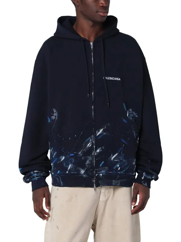 Balenciaga Navy Zip-up Sweatshirt With Paint-stain Effect - Blue