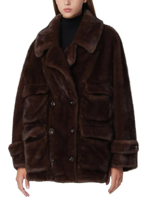 SWORD 6644 Dark Double-breasted Faux Fur Coat - Brown