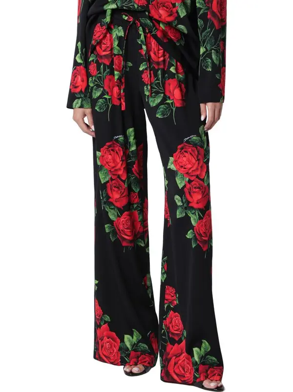 Dolce & Gabbana Silk Trousers With Floral Print - Black