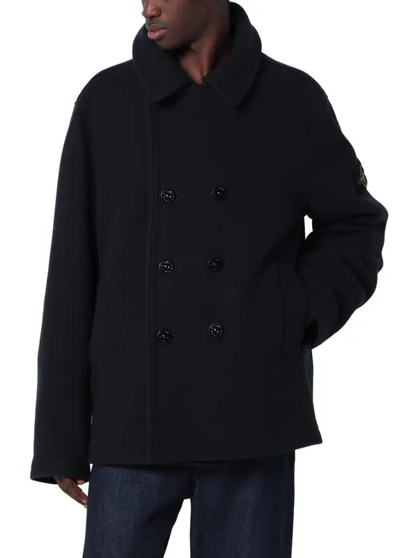 Stone Island Navy Double-breasted Coat In Wool And Cashmere - Blue