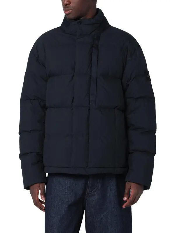 Stone Island Navy Down Jacket In Cotton And Nylon - Blue