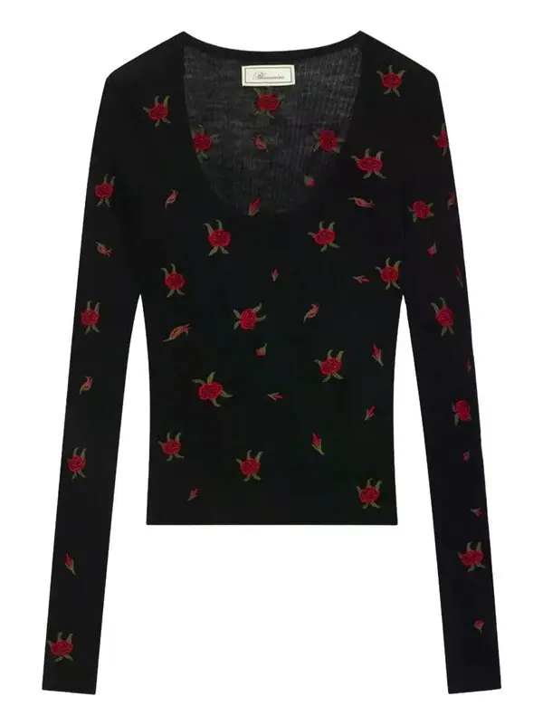 Blumarine Rose-embroidered Ribbed-knit Sweater - Black