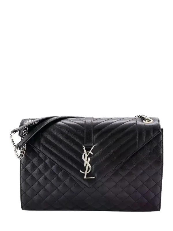 Saint Laurent Classic Monogram Envelope Satchel Mixed Matelasse Leather Large Shoulder Bag - Black