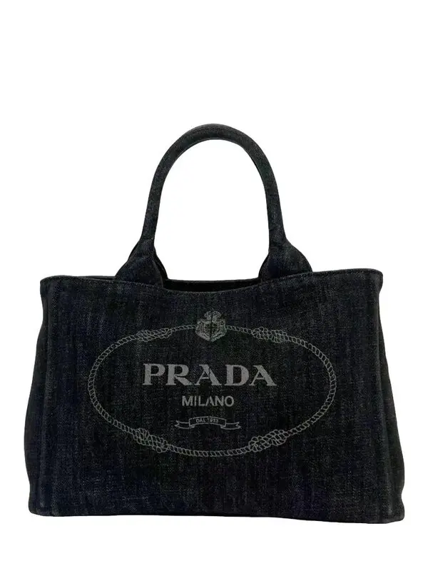 Prada 2013-2026 Small Denim Canapa Logo Tote Satchel - Black