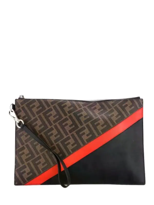 Fendi Zip Flat Wristlet Pouch Zucca Coated Canvas And Leather Medium Clutch Bag - Black