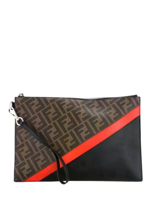 Fendi Zip Flat Wristlet Pouch Zucca Coated Canvas And Leather Medium Clutch Bag - Black