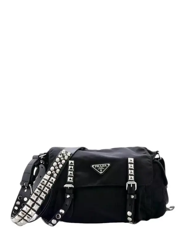Prada New Vela Flap Messenger Bag Tessuto With Studded Leather Medium Crossbody Bag - Black