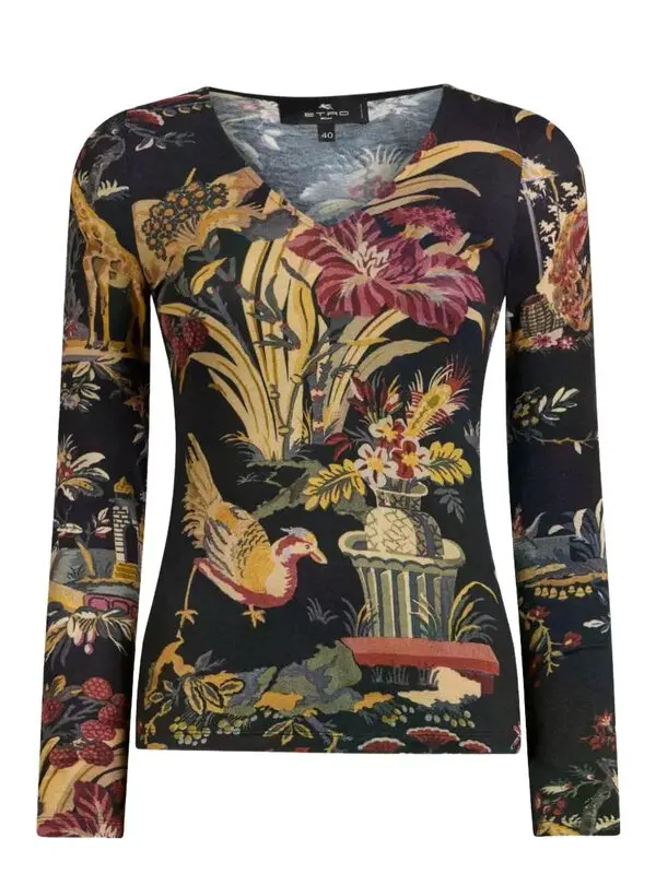 Etro Jersey Sweater With Flower And Animal Motif - Black