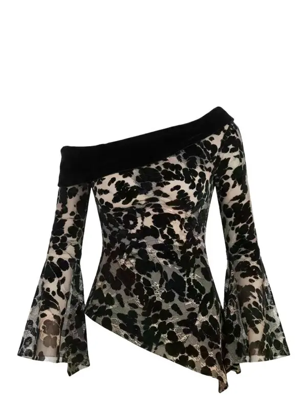 GEMY MAALOUF Asymmetrical Floral-devoré Top - Black