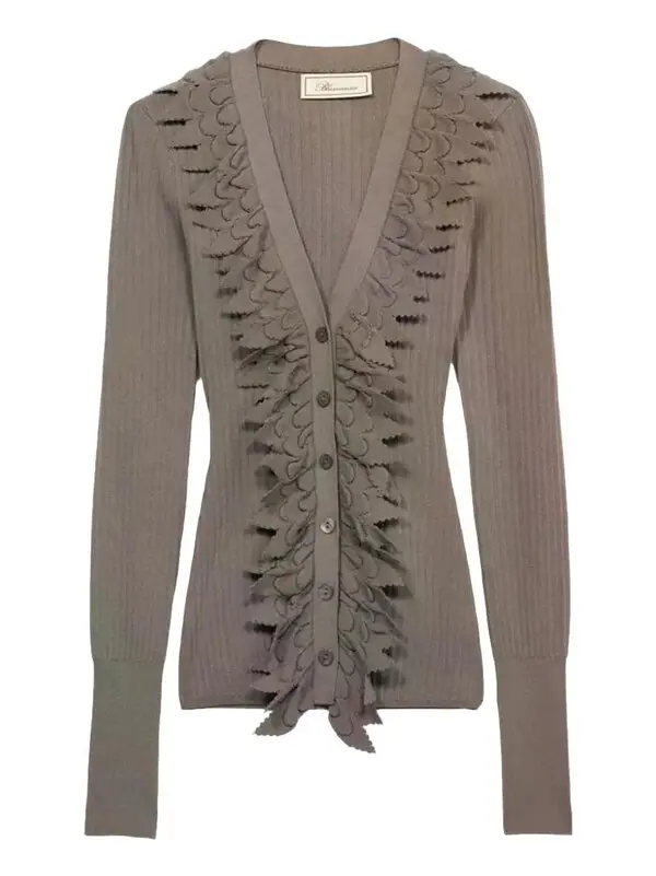 Blumarine Ruffled Ribbed-knit Cardigan - Brown