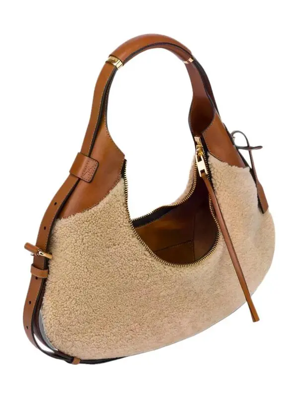 Moschino Shearling Leather Shoulder Bag - Neutrals