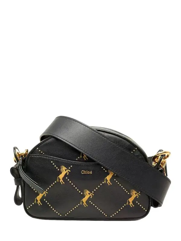 Chloé 2019 Studded Calfskin Embroidered Little Horses Crossbody Bag - Black