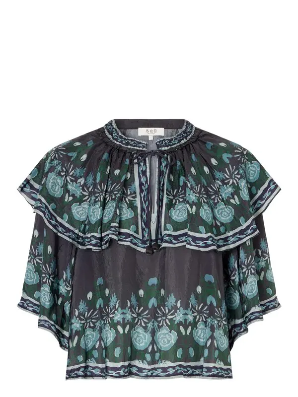 Sea Tulla Cape-detailed Printed Habotai Blouse - Navy
