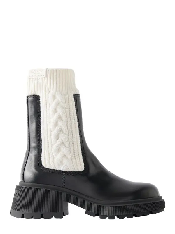 JIMMY CHOO Tamia Ribbed Cable-knit-trimmed Leather Ankle Boots - Black