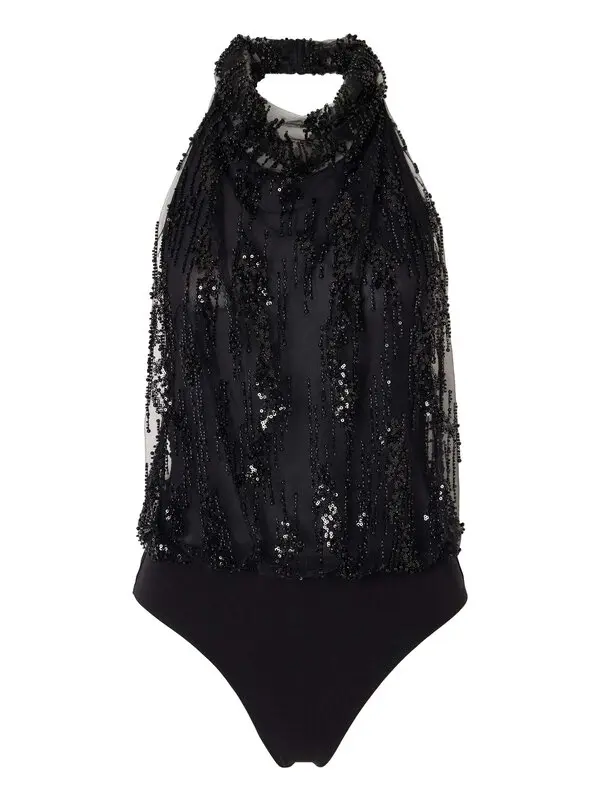 Staud Monay Flocked Bead-embellished Jersey Bodysuit - Black