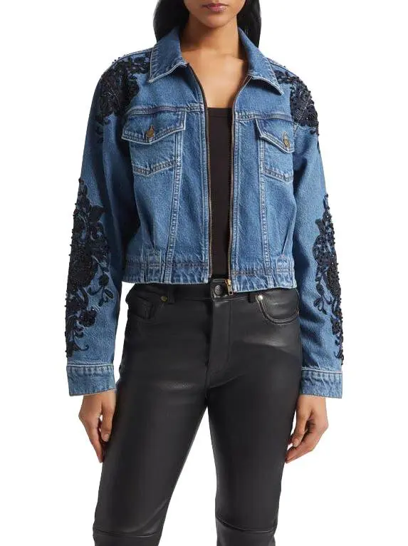 Ramy Brook Jannah Beaded Denim Jacket - Medium Cerulean