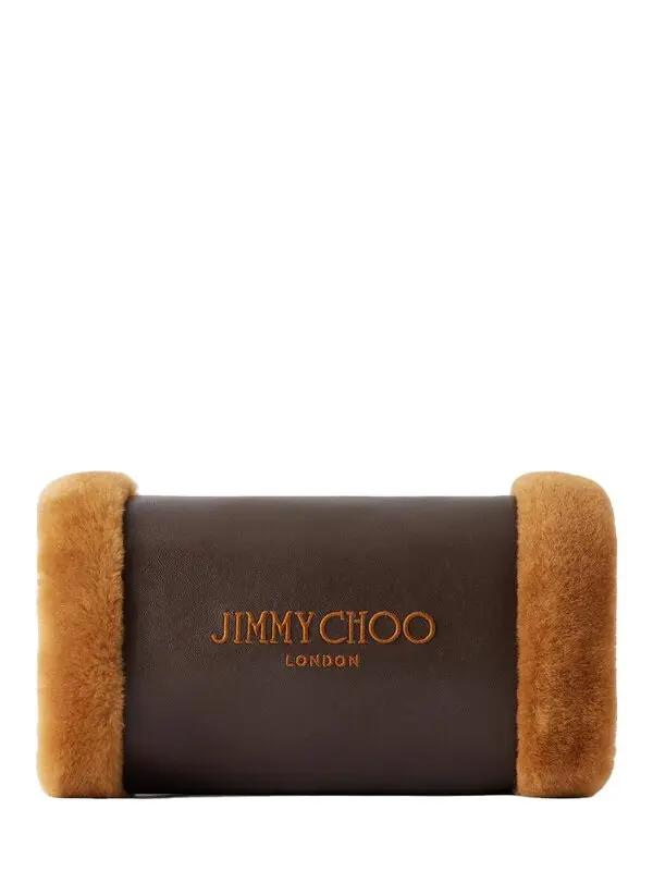 JIMMY CHOO Logo-embroidered Shearling-trimmed Leather Handwarmer - Brown