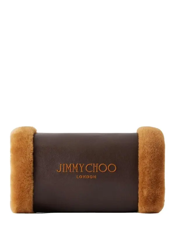 JIMMY CHOO Logo-embroidered Shearling-trimmed Leather Handwarmer - Chocolate