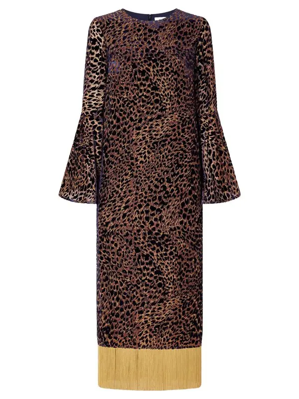 Borgo De Nor Astoria Fringed Leopard-jacquard Devoré Midi Dress - Brown