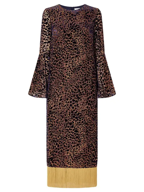 Borgo De Nor Astoria Fringed Leopard-jacquard Devoré Midi Dress - Brown