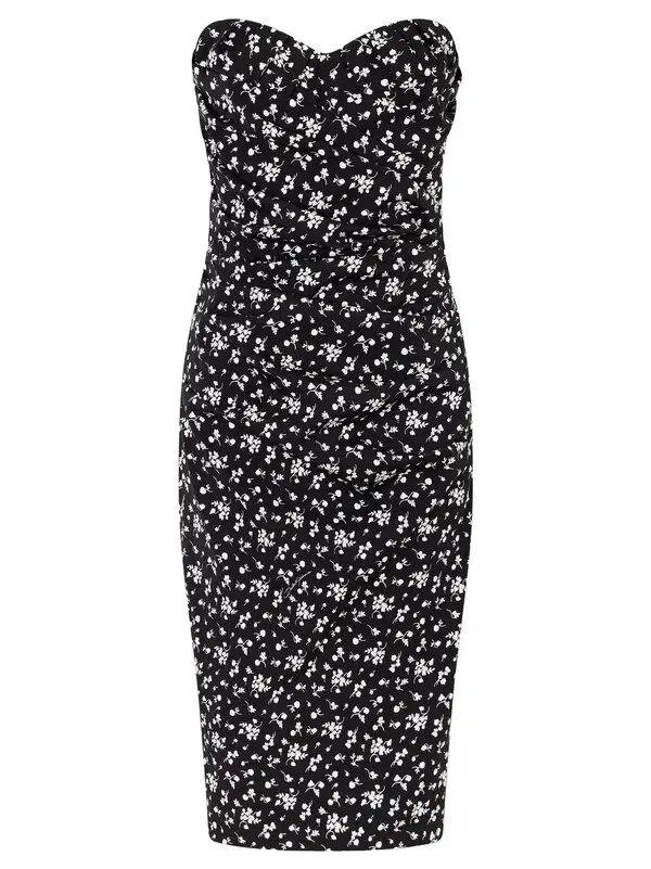 Dolce & Gabbana Strapless Draped Floral-print Silk-blend Charmeuse Midi Dress - Black