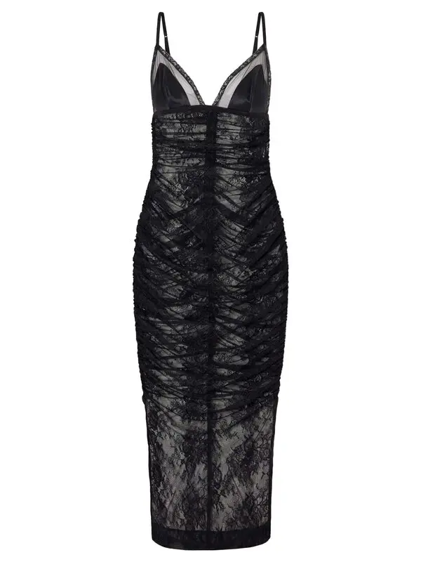 Dolce & Gabbana Gathered Satin-trimmed Chantilly Lace Midi Dress - Black