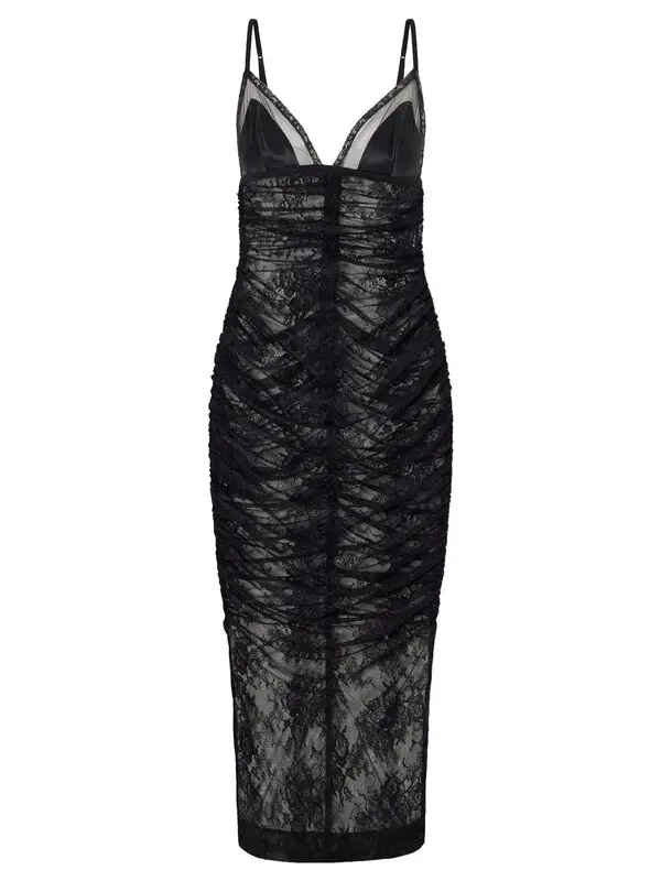 Dolce & Gabbana Gathered Satin-trimmed Chantilly Lace Midi Dress - Black