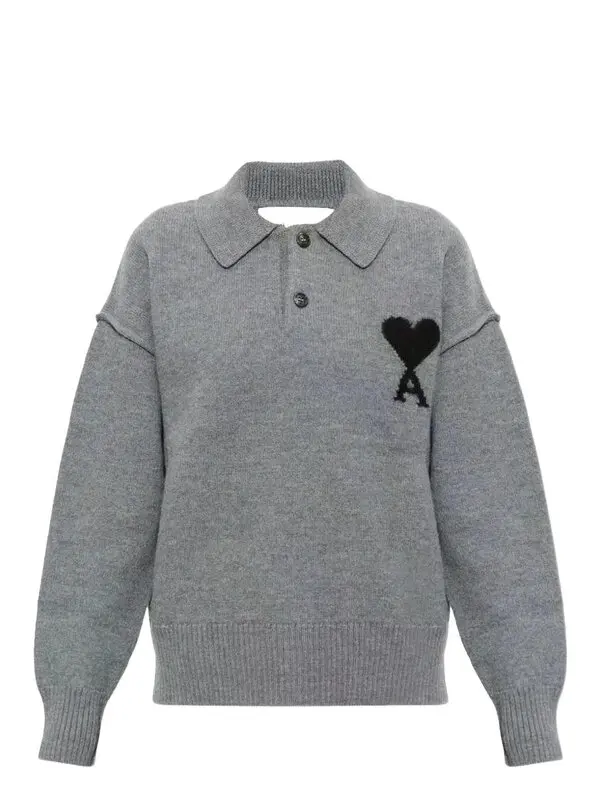 AMI Paris De Coeur Wool Polo Shirt - Grey