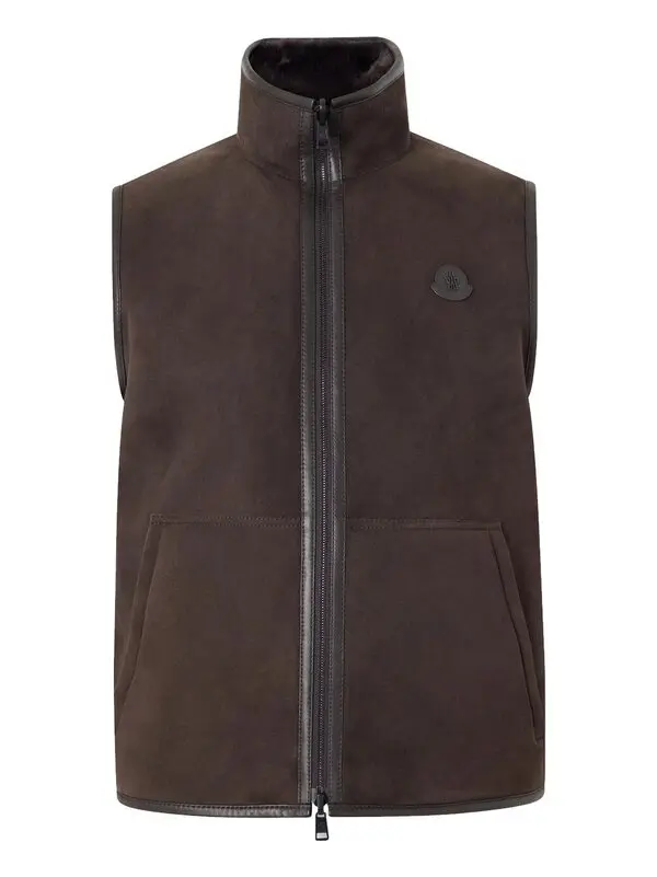 Moncler Rysfen Logo-appliquéd Leather-trimmed Shearling And Quilted Shell Down Gilet - Brown
