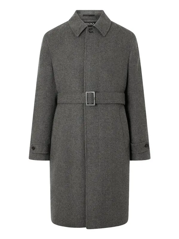 Zegna Oasi Belted Herringbone Cashmere Trench Coat - Gray