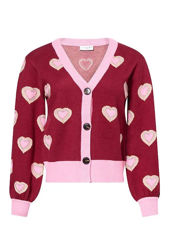 NEVER FULLY DRESSED Hearts-intarsia V-neck Knitted Cardigan - Red