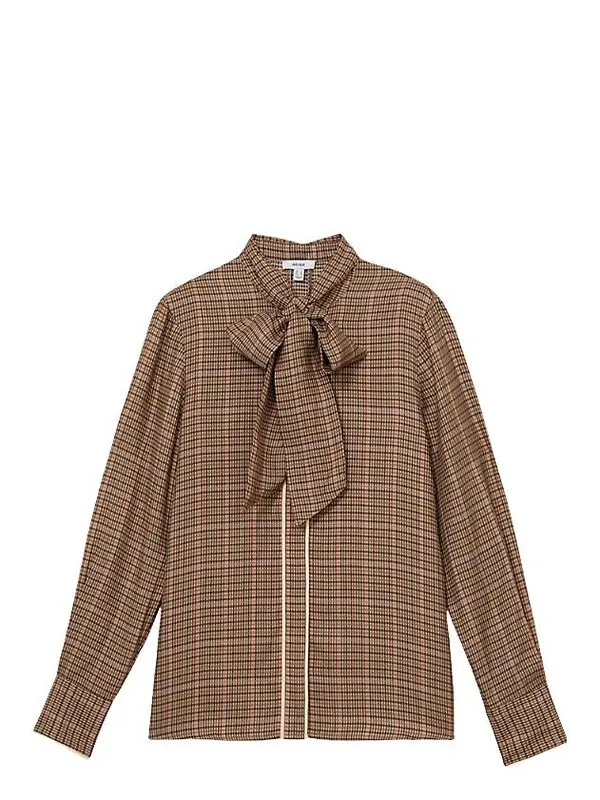 REISS Minnie Check Tie-neck Woven Blouse - Neutral