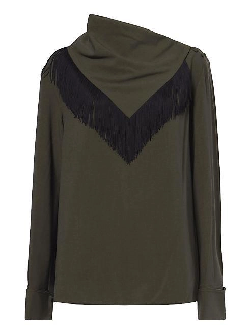 Camilla And Marc Una Drape Collar Fringe Woven Shirt - Dark Emerald