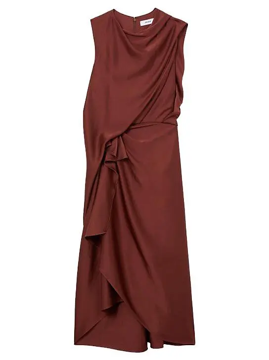 REISS Mabel Sleeveless Frill-detail Satin Midi Dress - Rust Orange