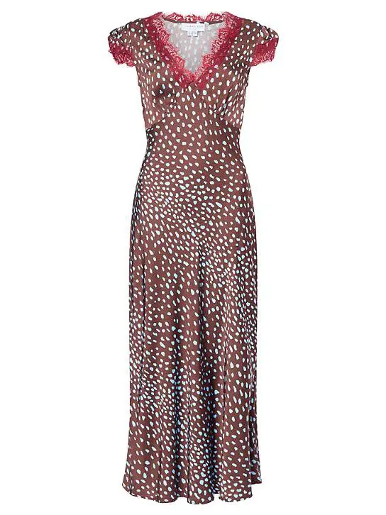 NEVER FULLY DRESSED Olivia Printed Satin Midi Dress - Chocolate
