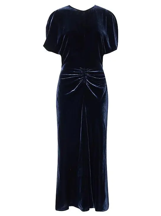 Victoria Beckham Bela Gathered-front Detail Velvet Midi Dress - Navy