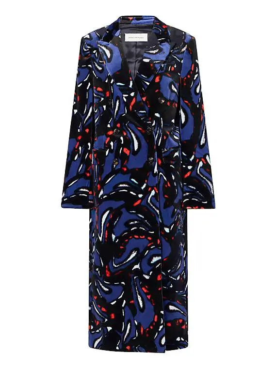 Dries Van Noten Graphic-print Longline Cotton-velvet Coat - Navy