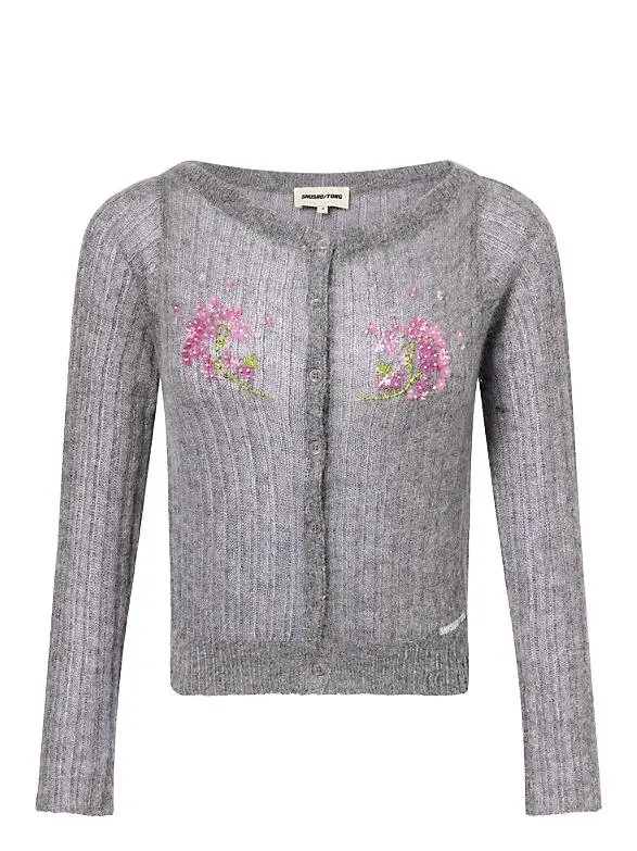 SHUSHU/TONG Floral Bead-embellished Wool-blend Cardigan - Grey